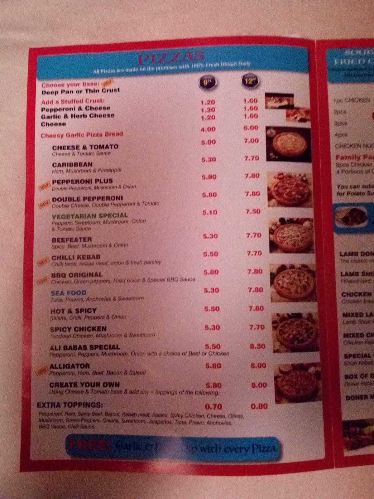Carta de pizzería Pizza Loca, Ivybridge