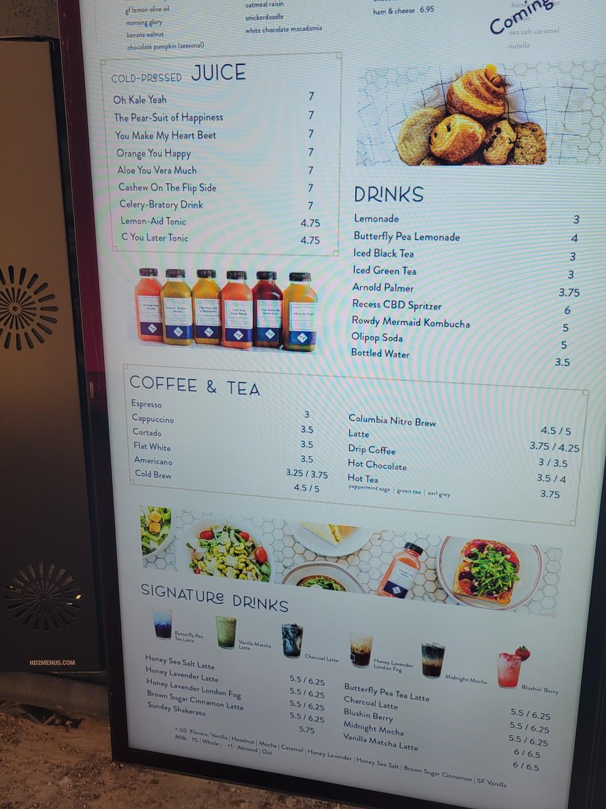 Menu at Sunday Press cafe, Houston