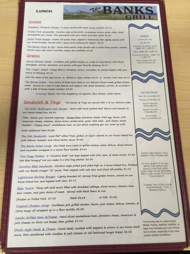 Menu at The Banks Grill cafe, Morehead City