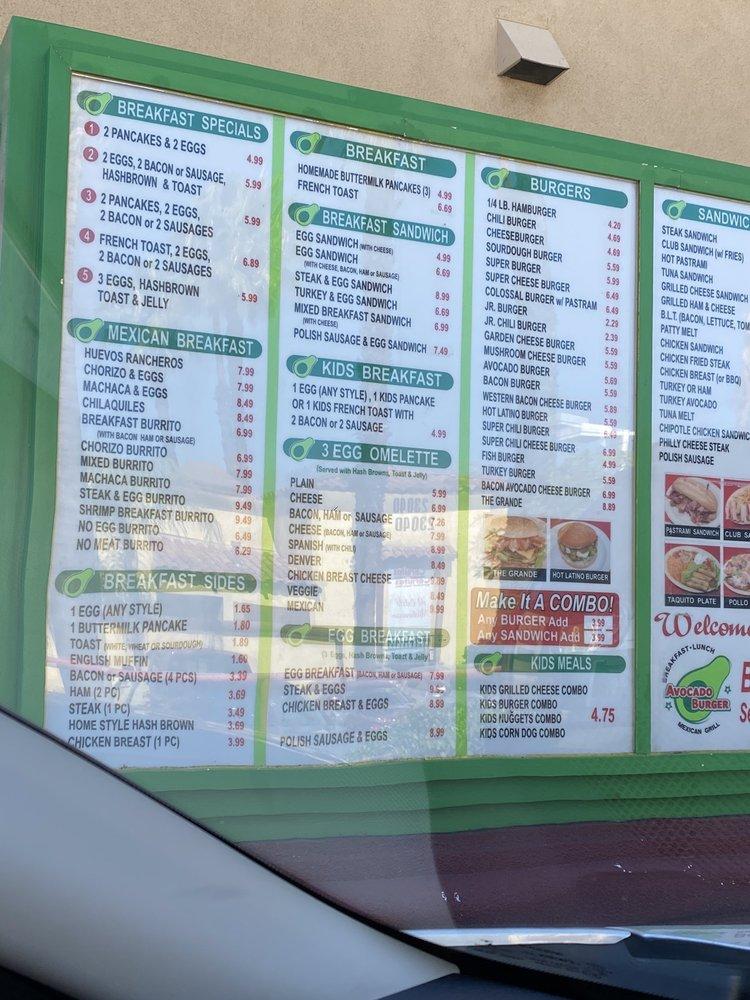 Menu at Avocado Burger restaurant, Moreno Valley