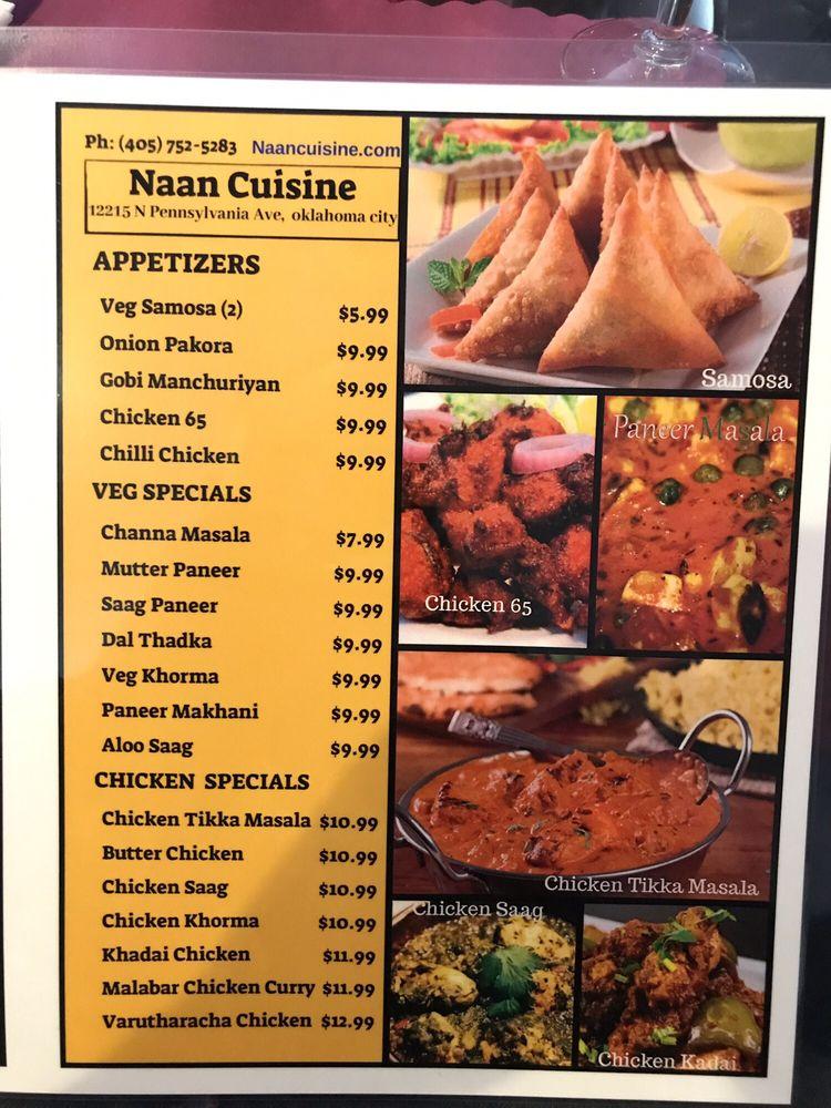 Menu at Naan Cuisine of India restaurant, Oklahoma City