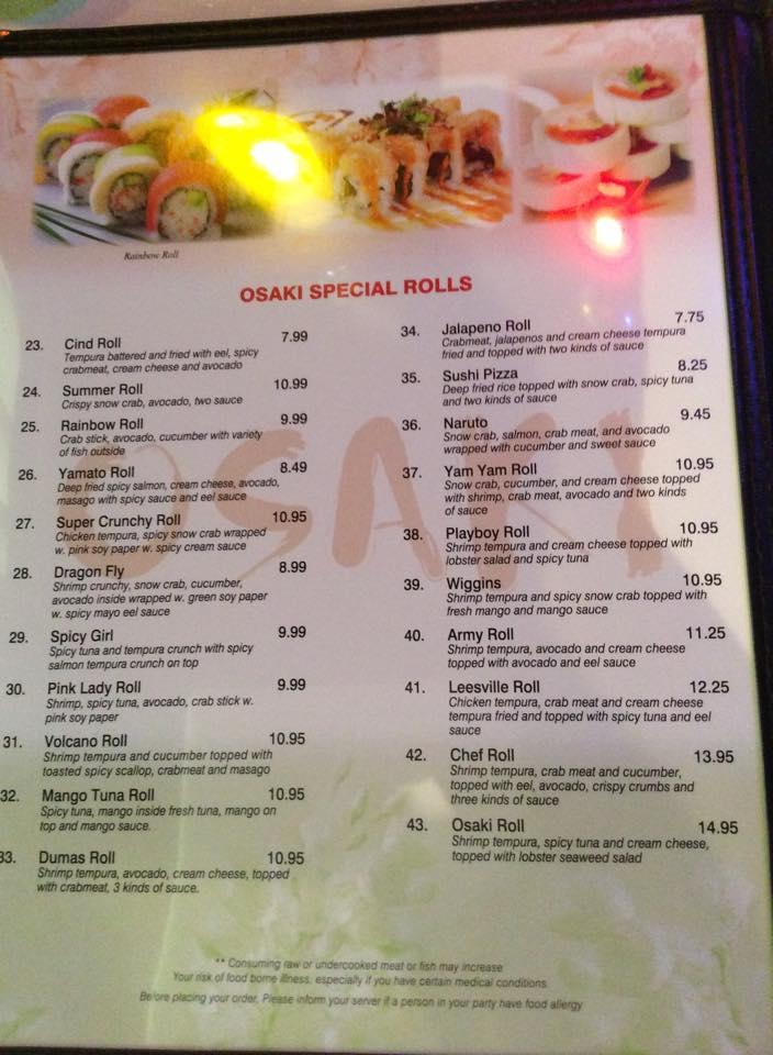 Menu at Osaki Sushi restaurant, Dumas
