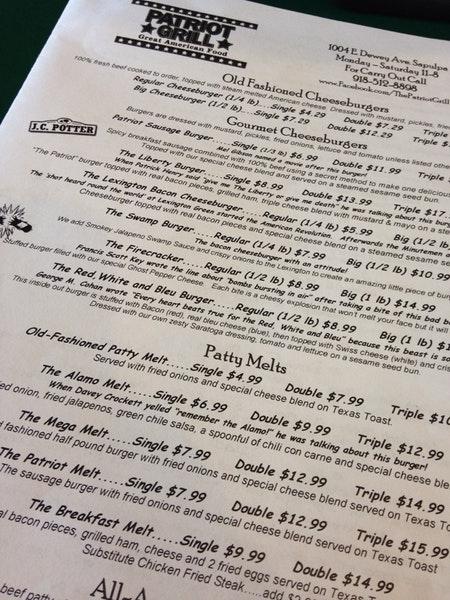 Menu at Patriot Cafe, Sapulpa