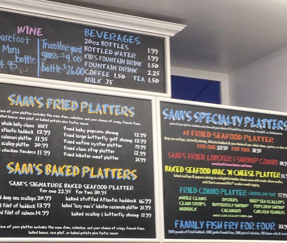 Menu at Seafood Sam's restaurant, Falmouth