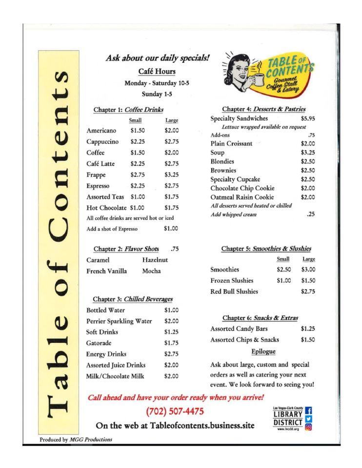 Menu at Table of Contents cafe, Mesquite