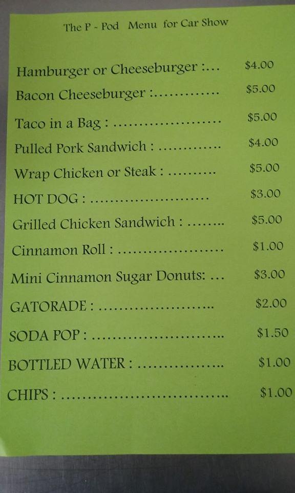 Menu at The P-Pod restaurant, Blue Earth