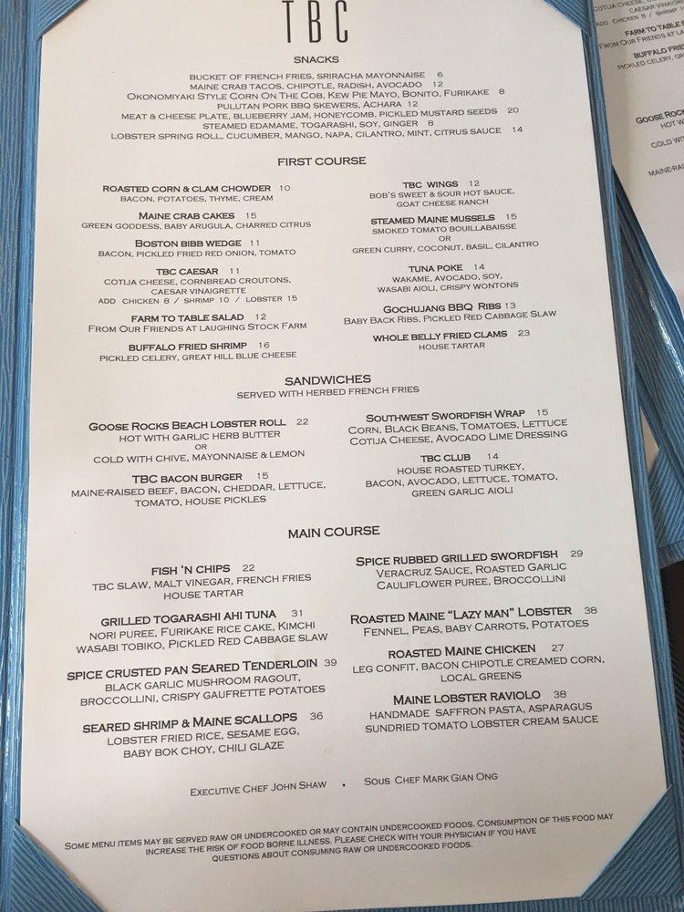 Menu at The Tides Beach Club Restaurant, Kennebunkport