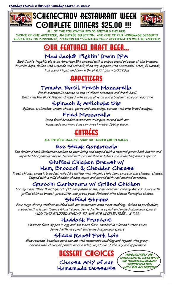 Menu at Tops American Grill, Bakery & Bar, Schenectady