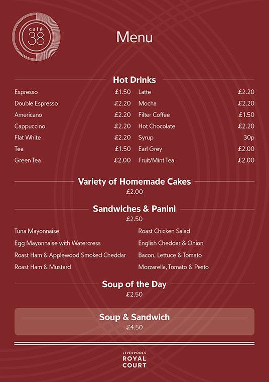Menu at Café 38 cafe, Liverpool