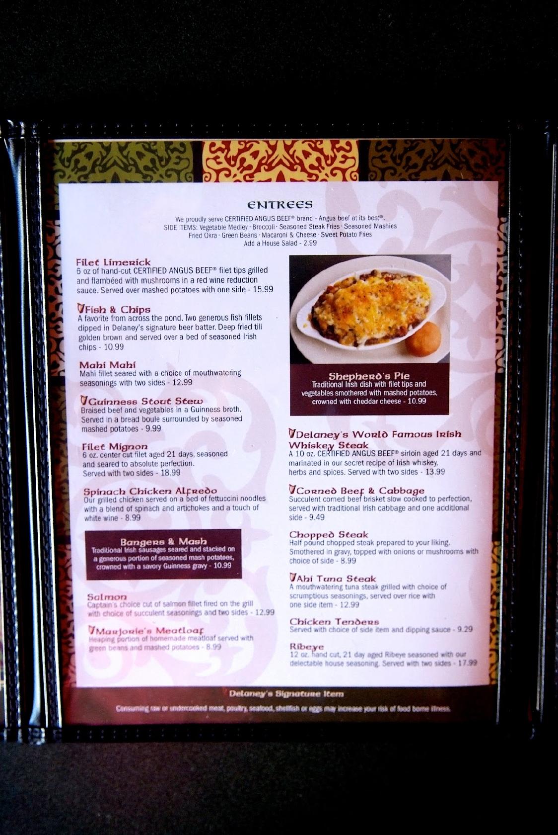 Menu at Delaney's Irish Pub, Spartanburg, 117 W Main St