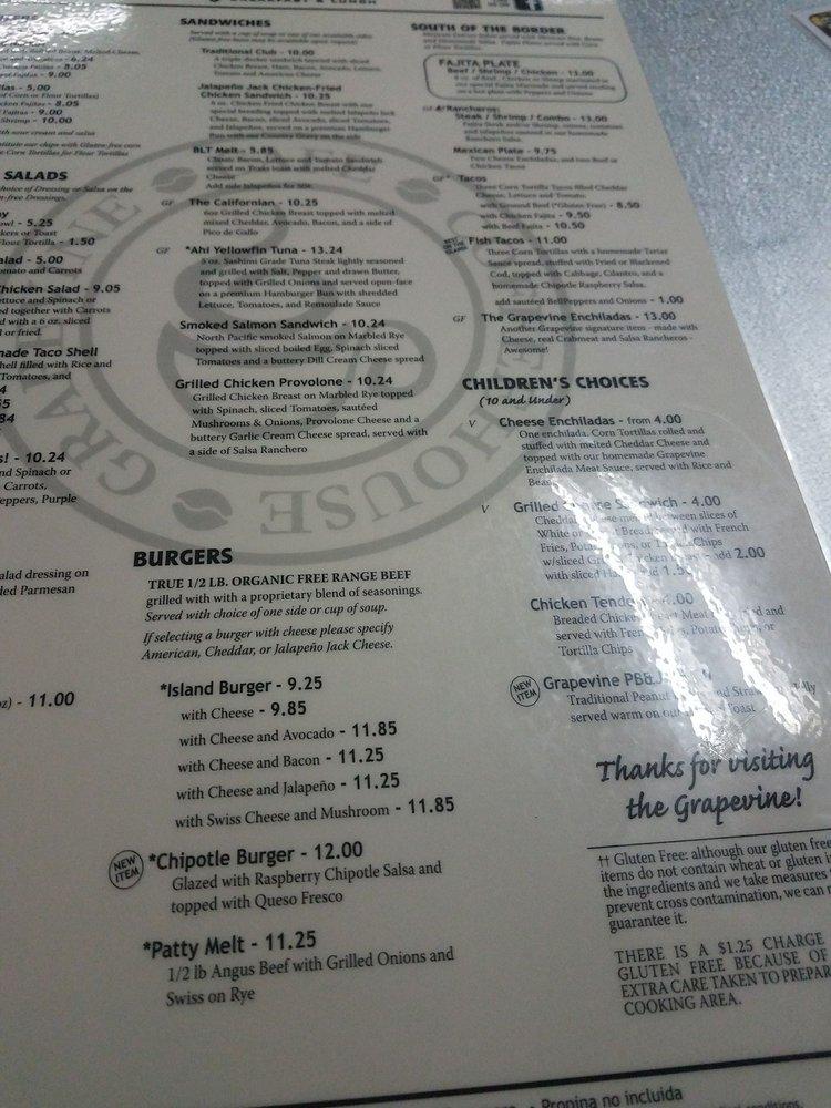 Menu at Grapevine Cafe, South Padre Island