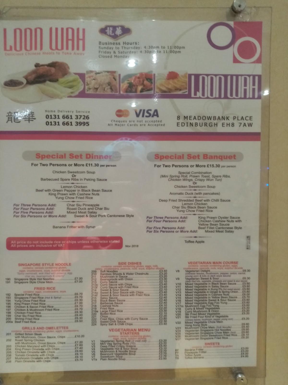 Menu at Loon Wah Chinese Takeaway fast food, Edinburgh