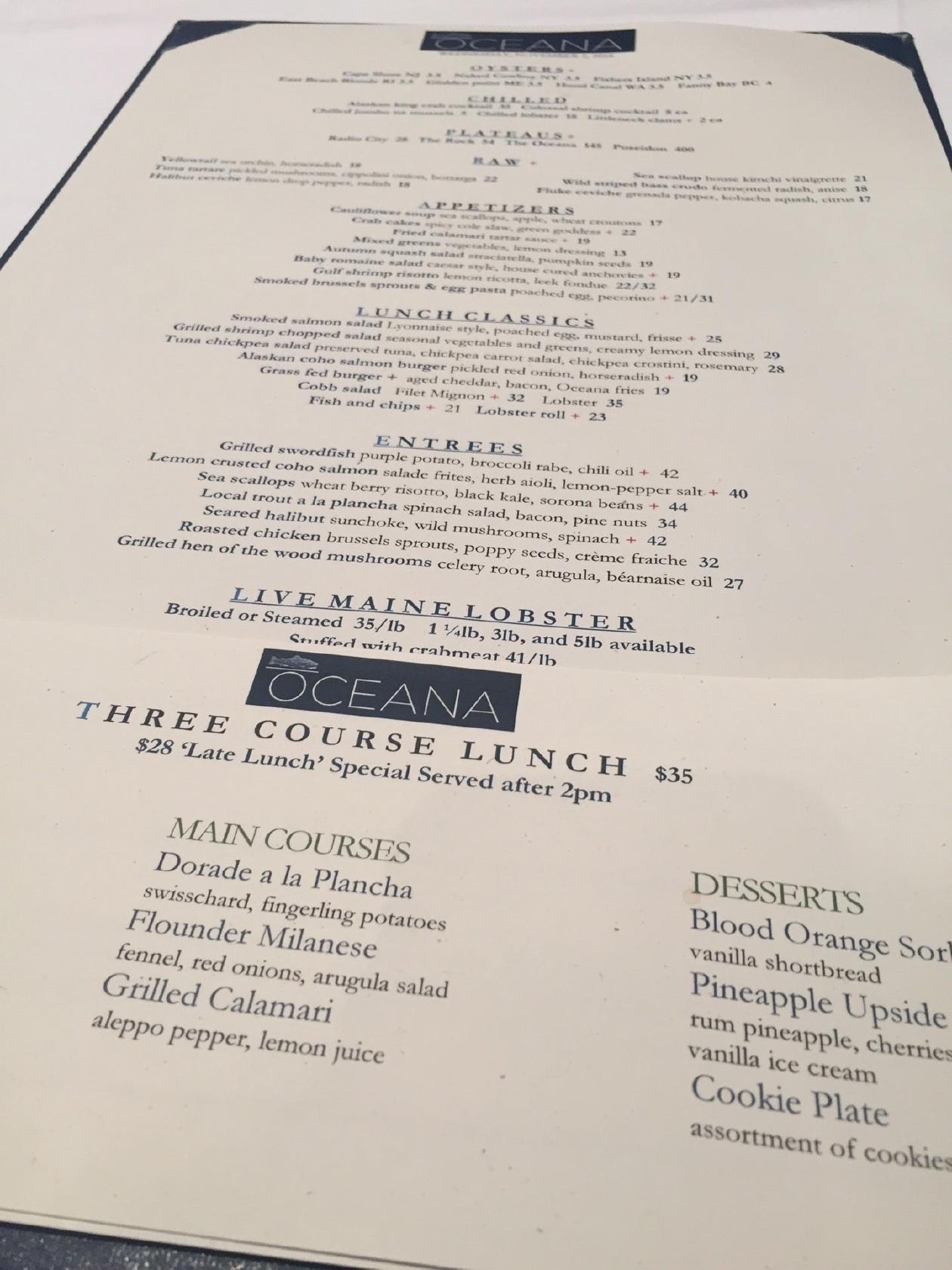 Menu at Oceana restaurant, West New York, 120 W 49th St