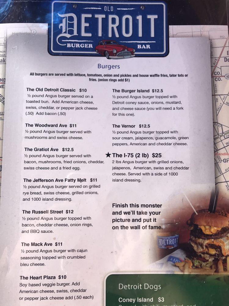Menu at Old Detroit Burger Bar, Clawson