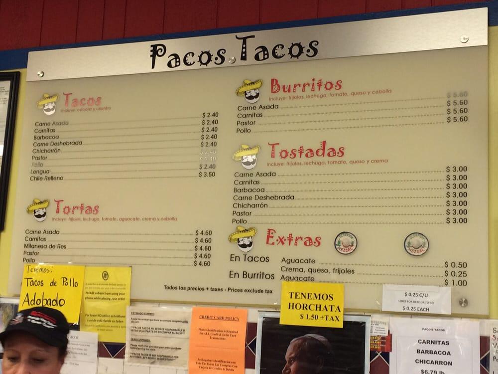 Menu at Paco's Tacos restaurant, Chicago, S Archer Ave