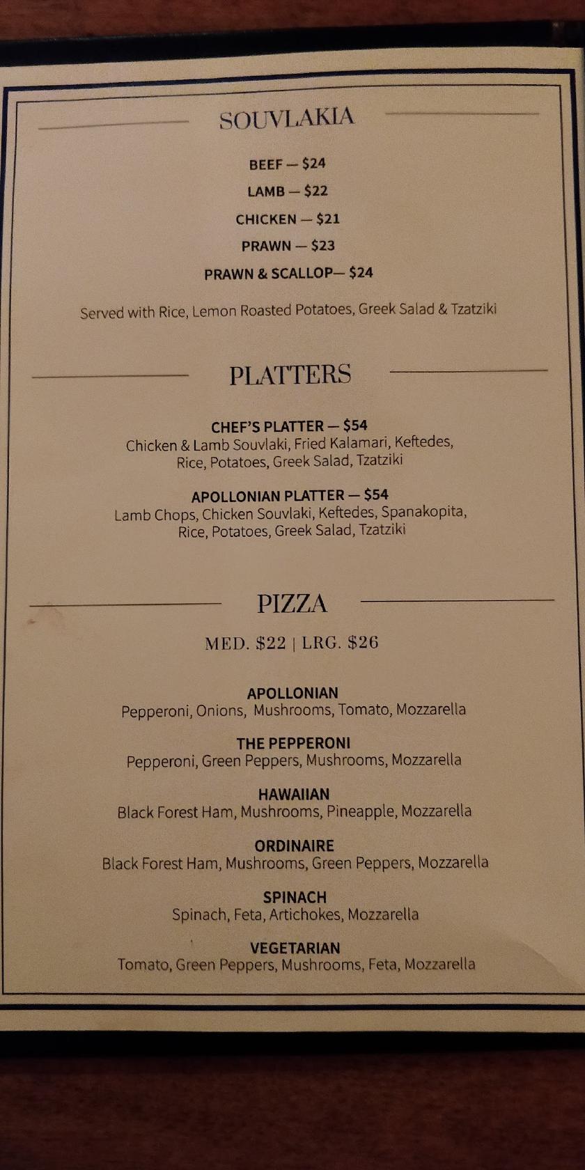 Menu at Apollonia Greek Restaurant, Vancouver