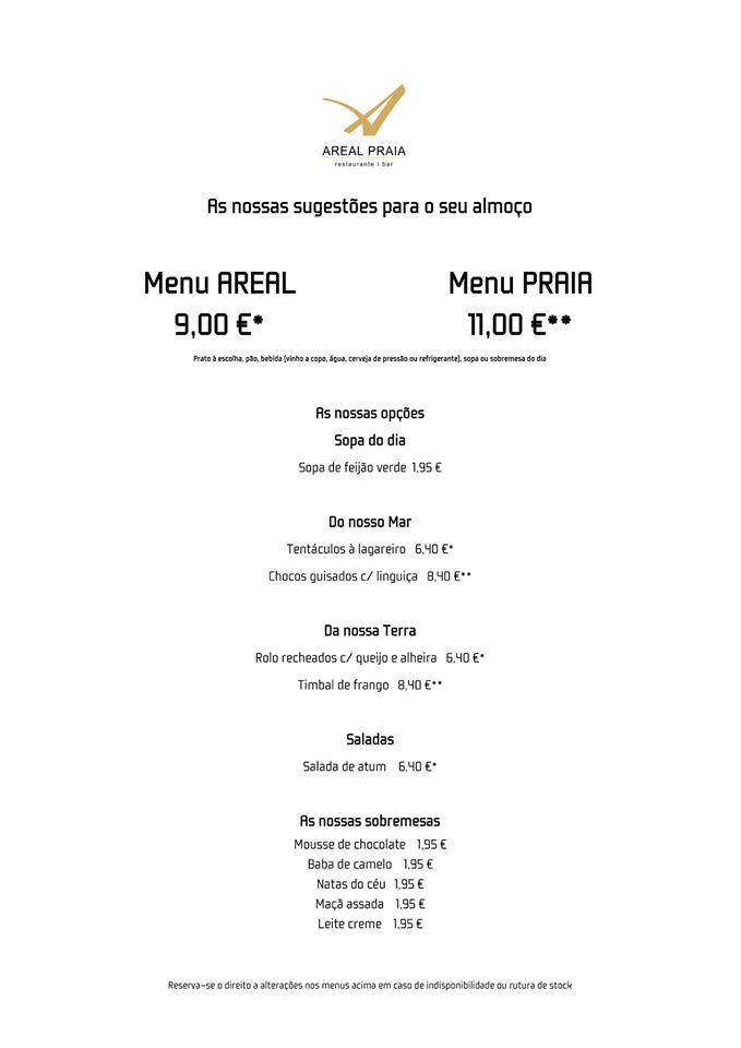 Menu em Areal Praia restaurante, Arcozelo