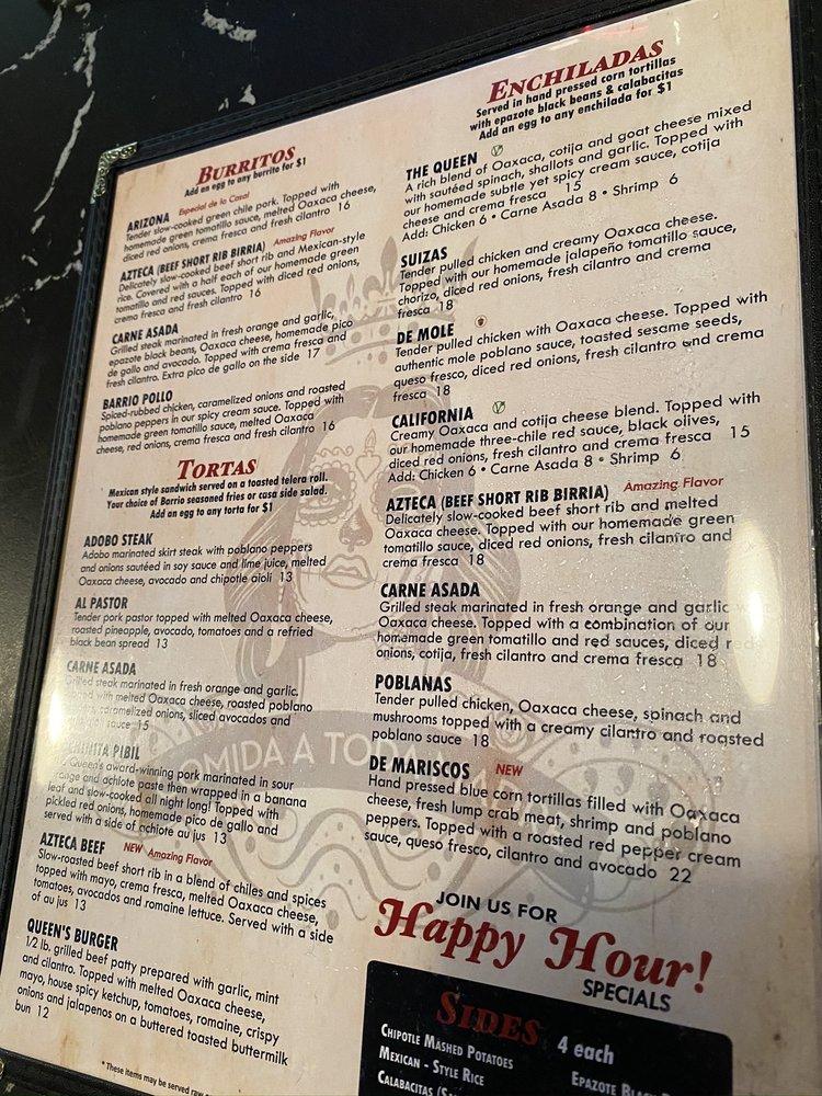 Menu at Barrio Queen, Tempe