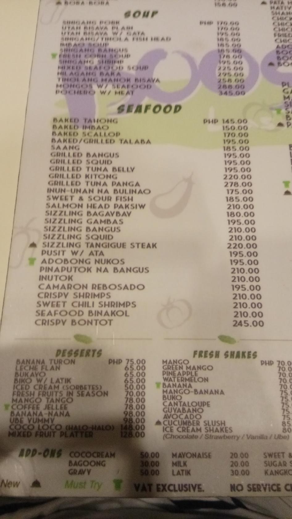 Menu at Boosog Lasang Pinoy restaurant, Cebu City, 8V6V+VXG