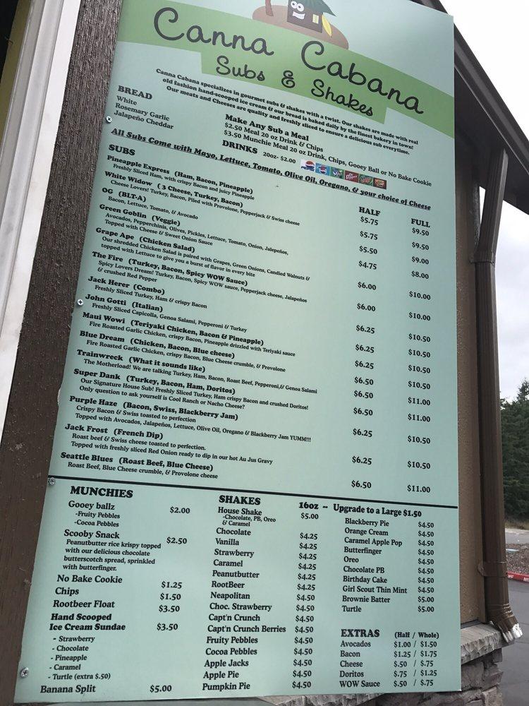 Carta del restaurante Canna Cabana Subs & Shakes, Lacey