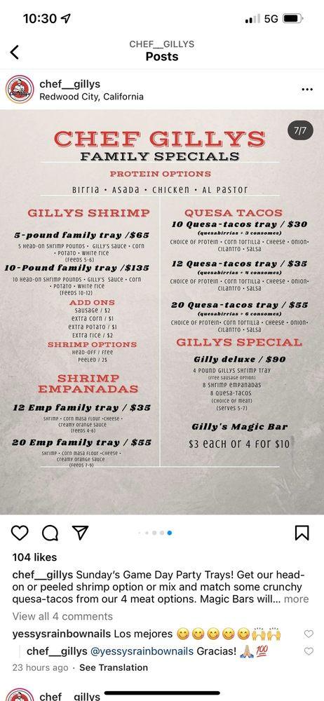 Carta de Chef Gilly's, Redwood City