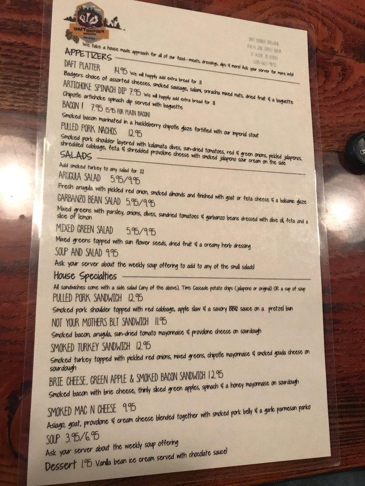 Menu at Daft Badger Brewing pub & bar, Coeur d'Alene