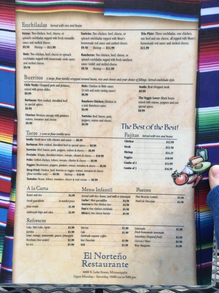 Menu at El Norteño Authentic Mexican restaurant, Minneapolis, E Lake St