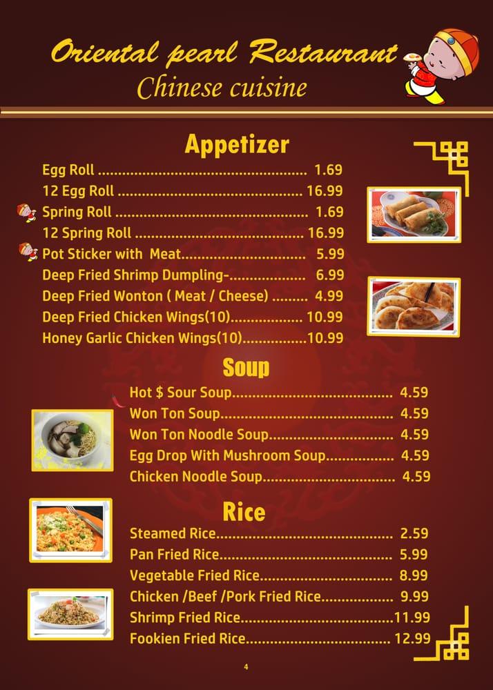Menu at Oriental Pearl restaurant, Fredericton