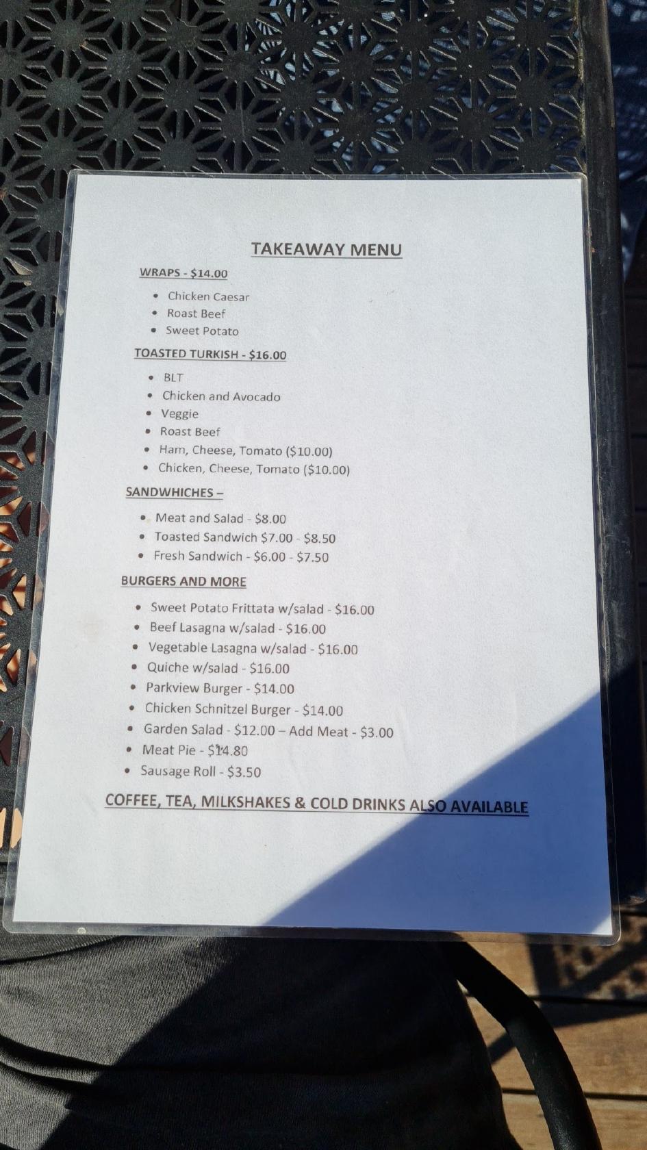 Menu at Parkview Cafe, Singleton, Town Head Park