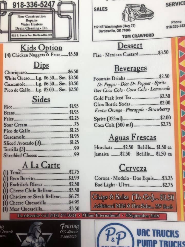 Menu at Tacos Pachitas restaurant, Bartlesville