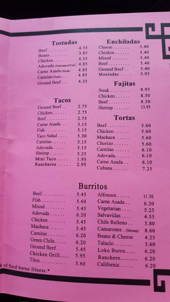 Menu at Alfonso's Mexican Food restaurant, Chino Valley, AZ-89