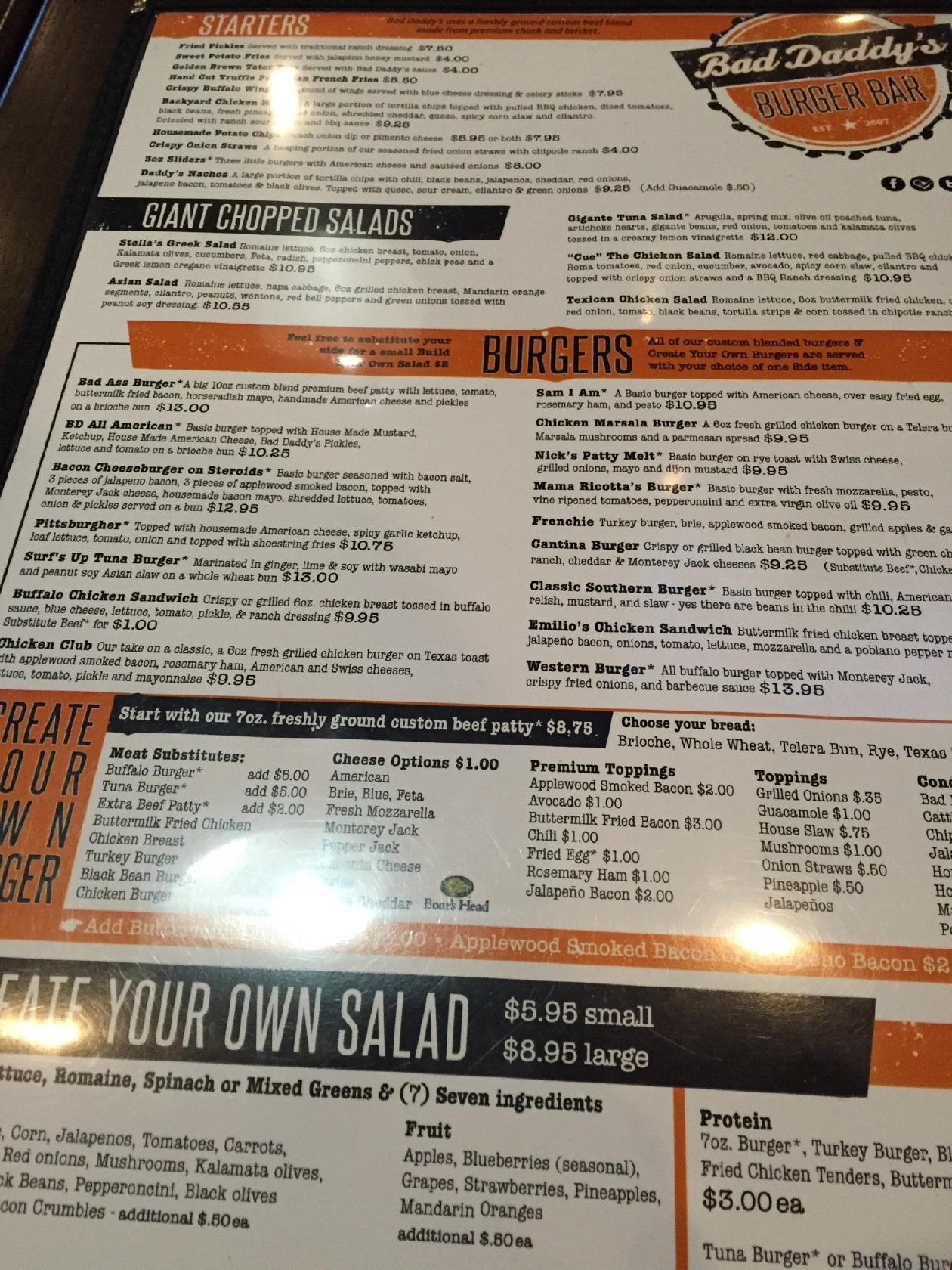 Menu at Bad Daddy's Burger Bar, Mooresville