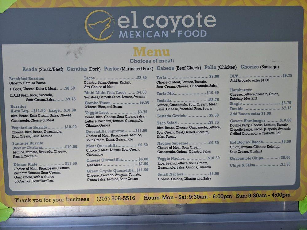 Menu at El Coyote restaurant, Sonoma
