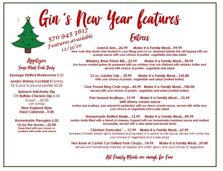Menu at Gin's Tavern pub & bar, Factoryville
