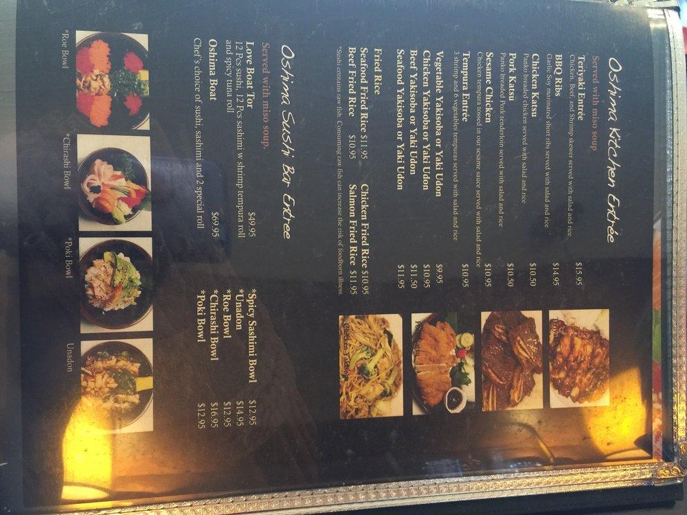 Menu at Oshima Sushi Japanese Cuisine restaurant, Sioux Falls