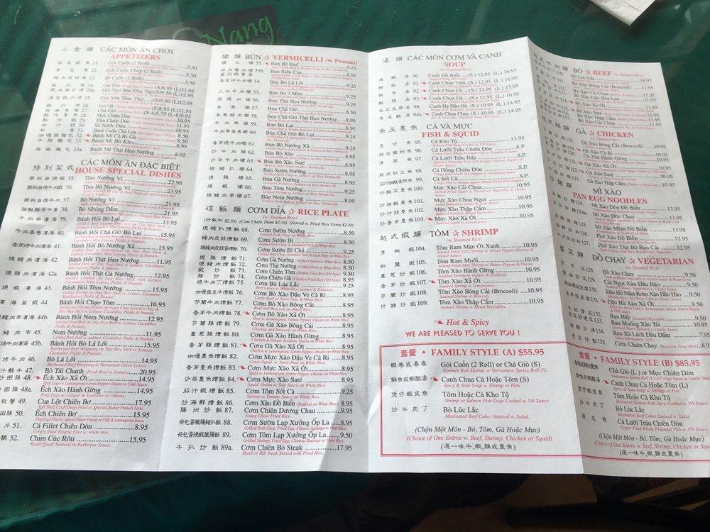 Menu at Pho Da Nang restaurant, South Amboy