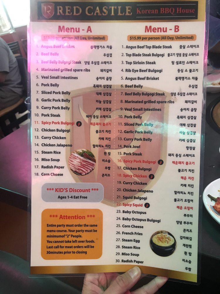 Menu at Red Castle Korean BBQ, Rialto