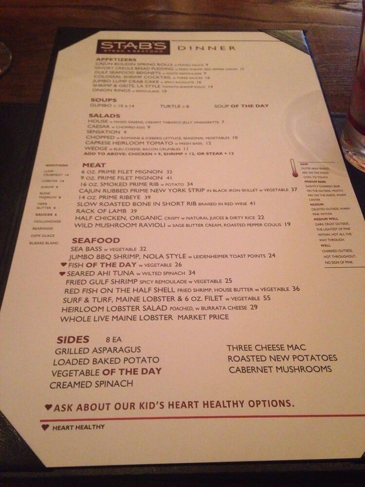 Menu at Stab's Steak and Seafood Central steakhouse, Central