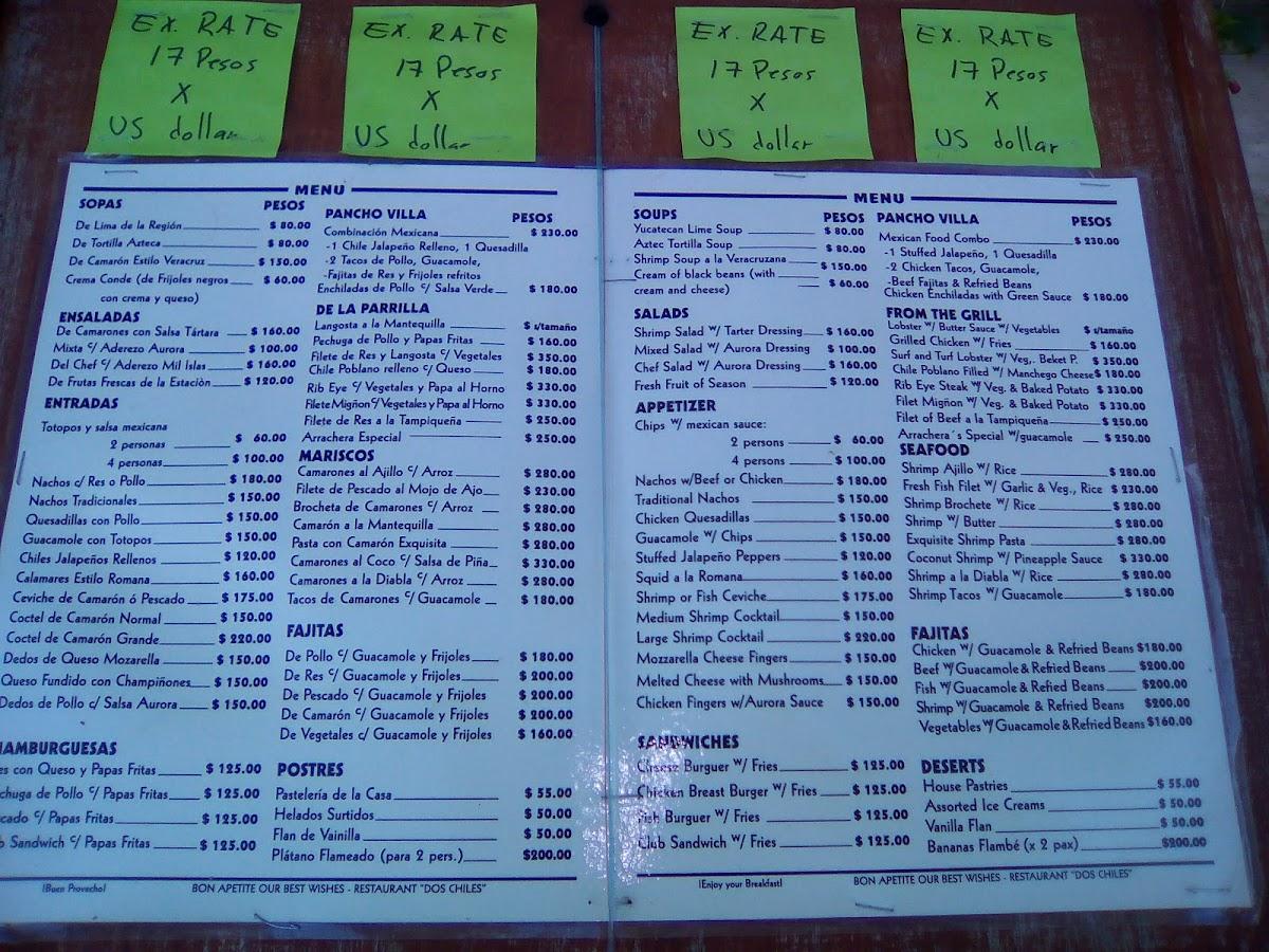 Carta del restaurante Dos Chíles, Puerto Aventuras, Centro Comercial Marina