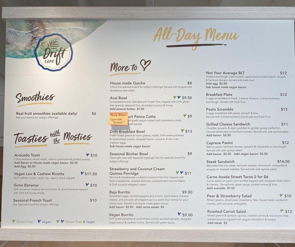 Carta de Drift Cafe, San Diego