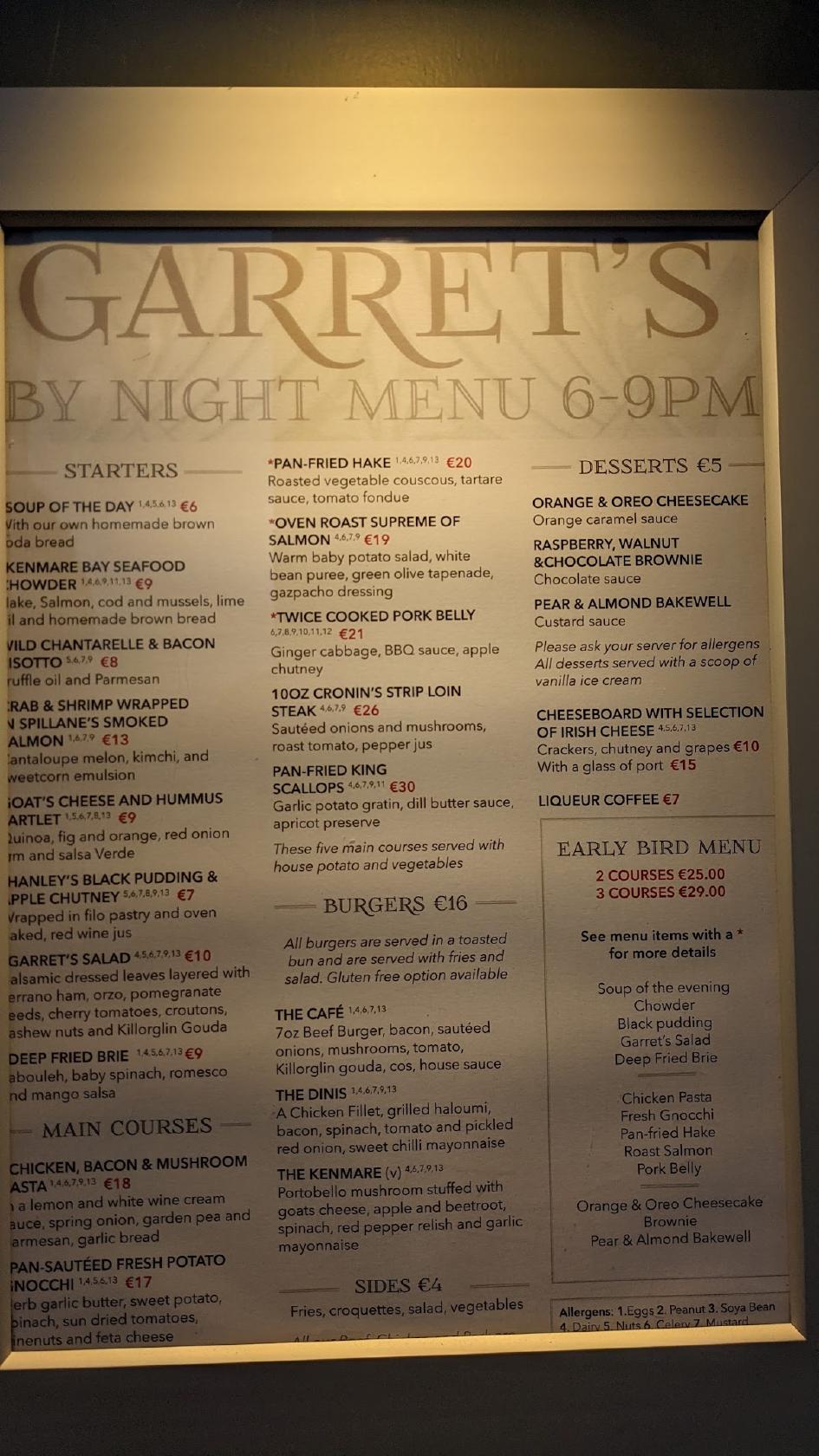Menu at Garret’s restaurant, Killarney