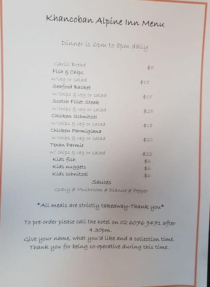 Menu at Khancoban Alpine Inn pub & bar, Khancoban