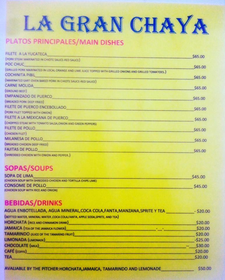 Menu at la chaya de piste restaurant, Pisté