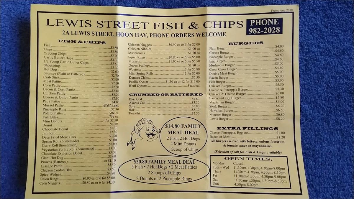 Menu at Lewis Street Food Bar/ Fish and Chips, Christchurch