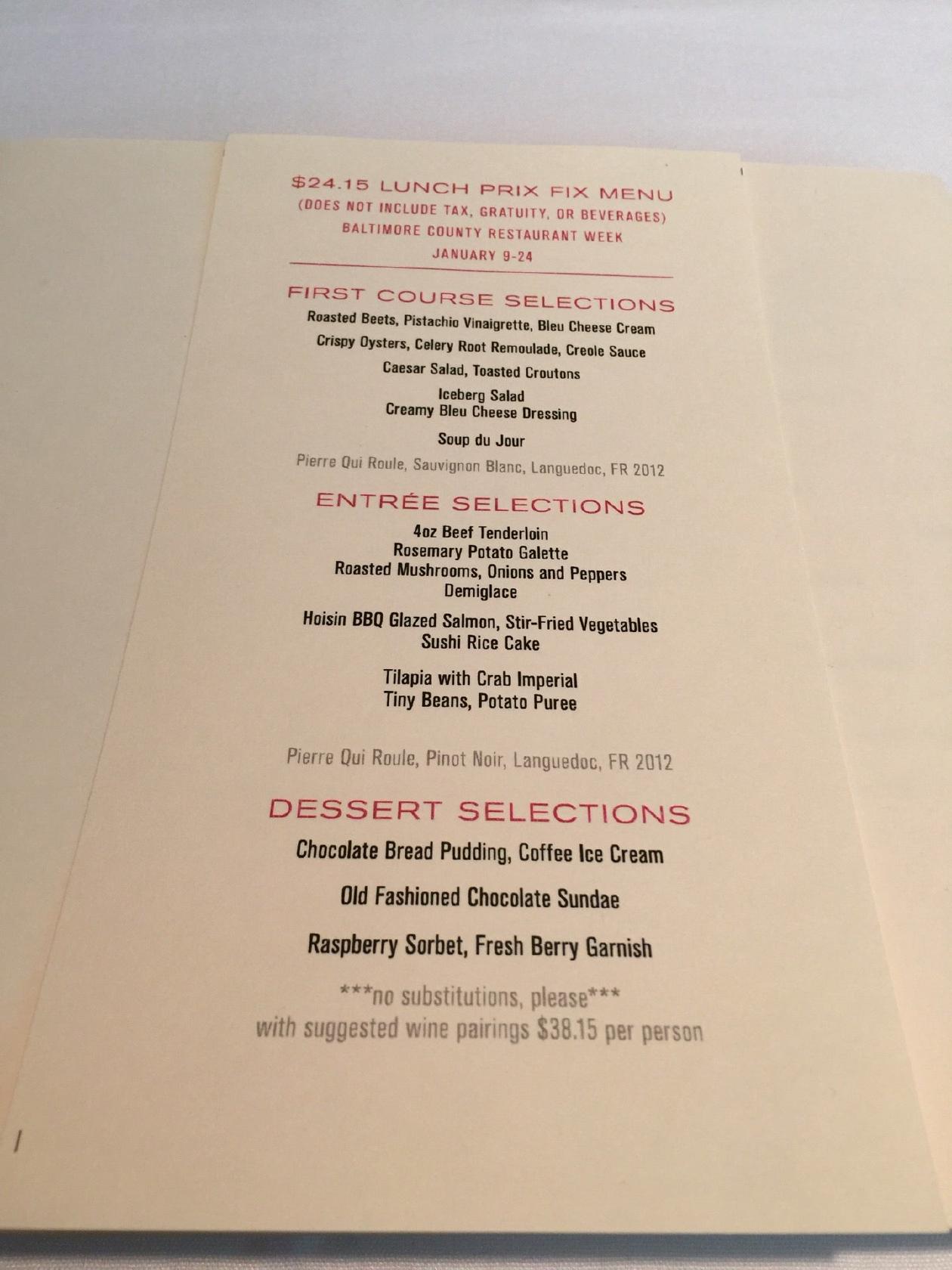 Menu at Linwoods restaurant, Owings Mills