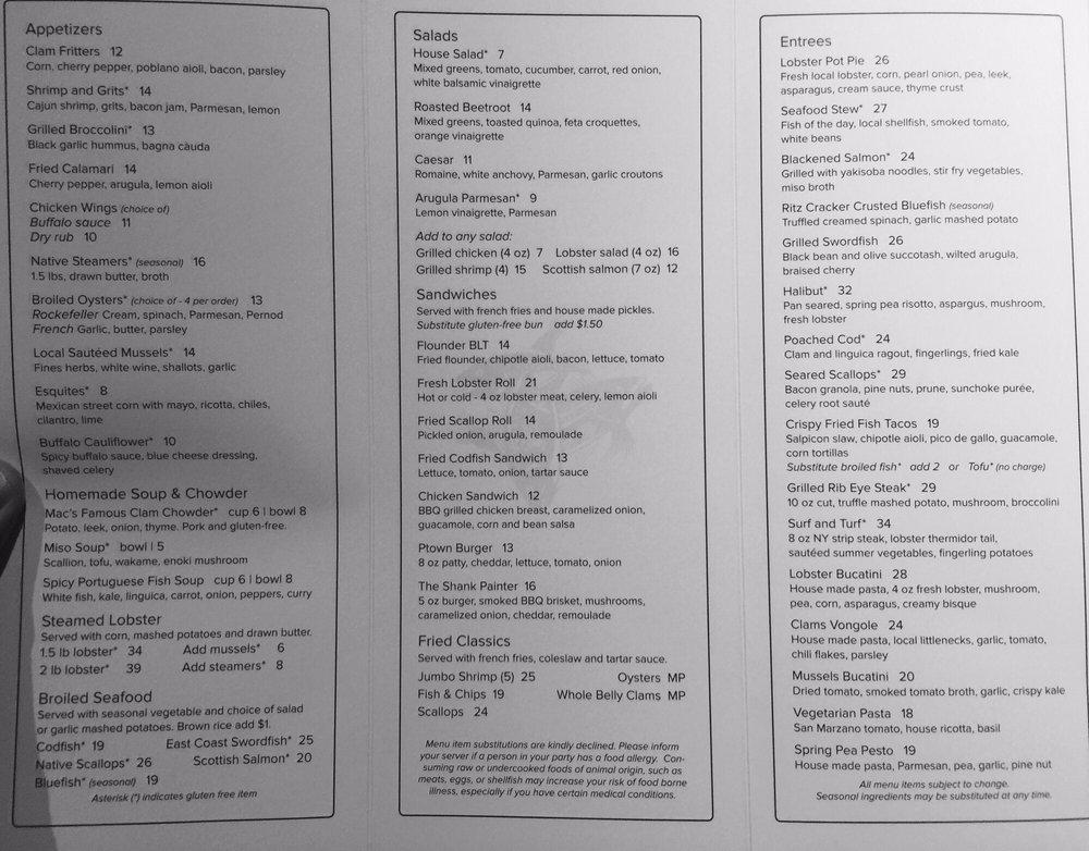 Menu at Mac's Fish House Provincetown pub & bar, Provincetown