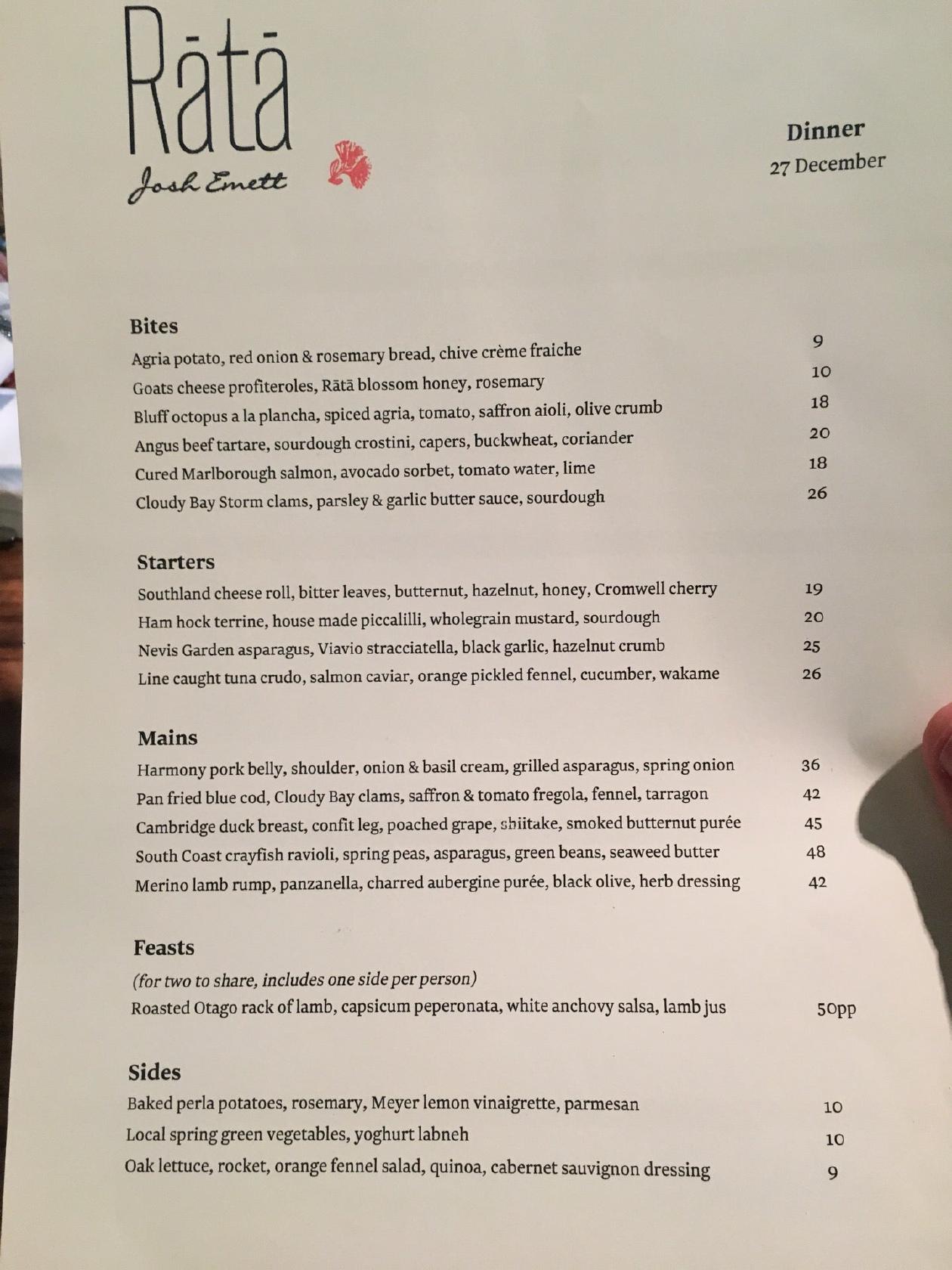 Menu at Rata pub & bar, Queenstown