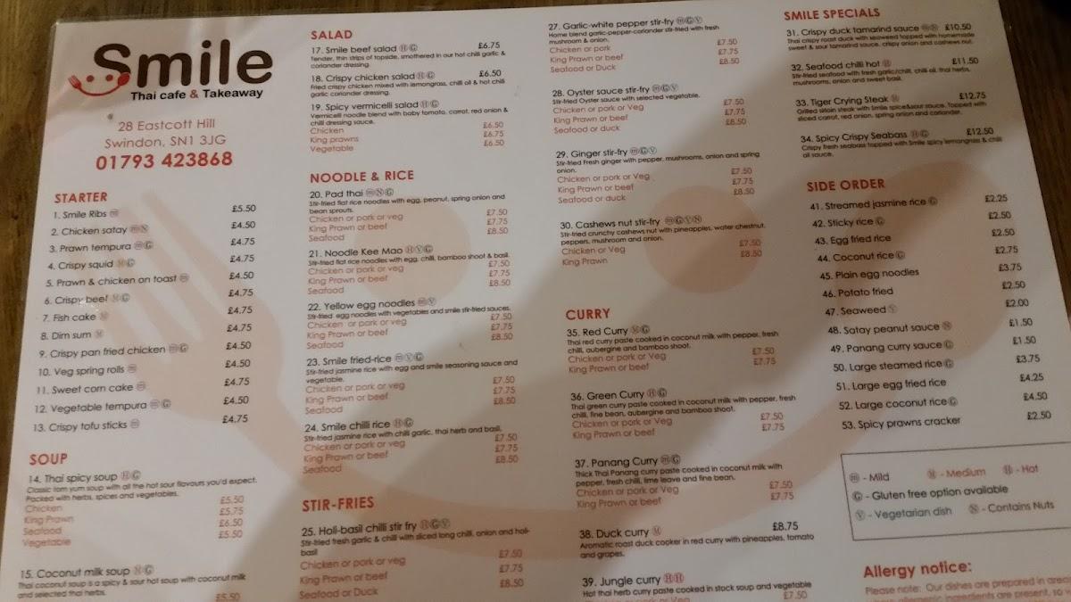 Menu at Smile Thai Cafe & Takeaway, Swindon