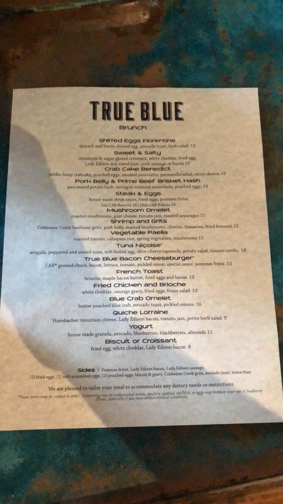 Menu at True Blue Butcher and Table restaurant, Wilmington