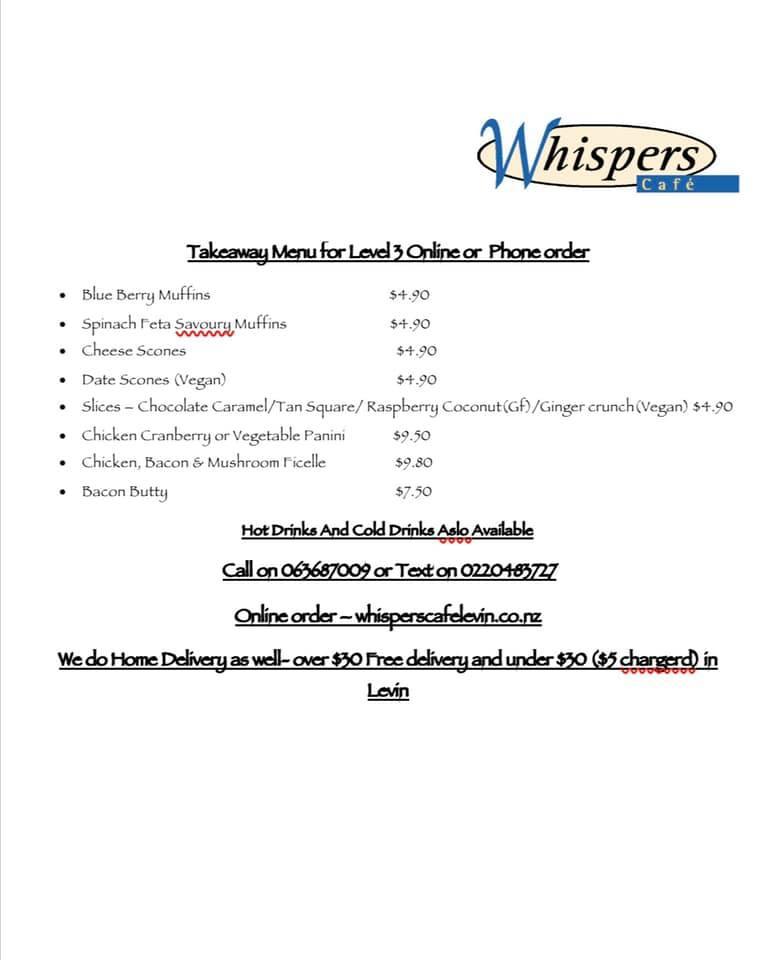 Menu at Whispers Cafe, Levin
